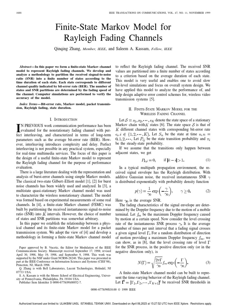Finite-State Markov Model For Rayleigh Fading Channels | PDF