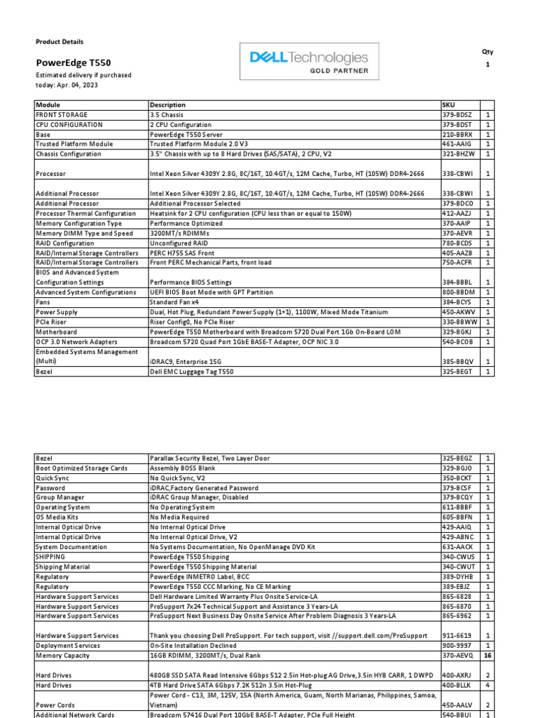 Nuevo Carnic - DELL Server T550 Especifi. Tecn. - 22-03-23 Etect | PDF | Bios | Central ...