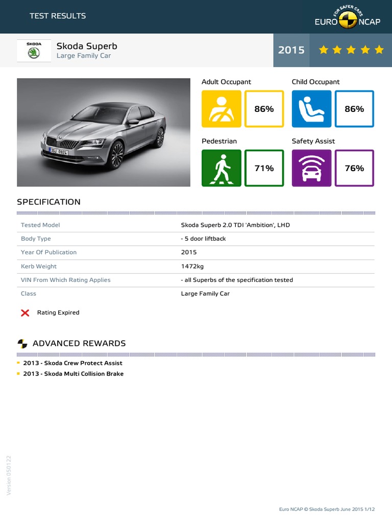 Euroncap 2015 Skoda Superb Datasheet | PDF | Airbag | Vehicle Industry