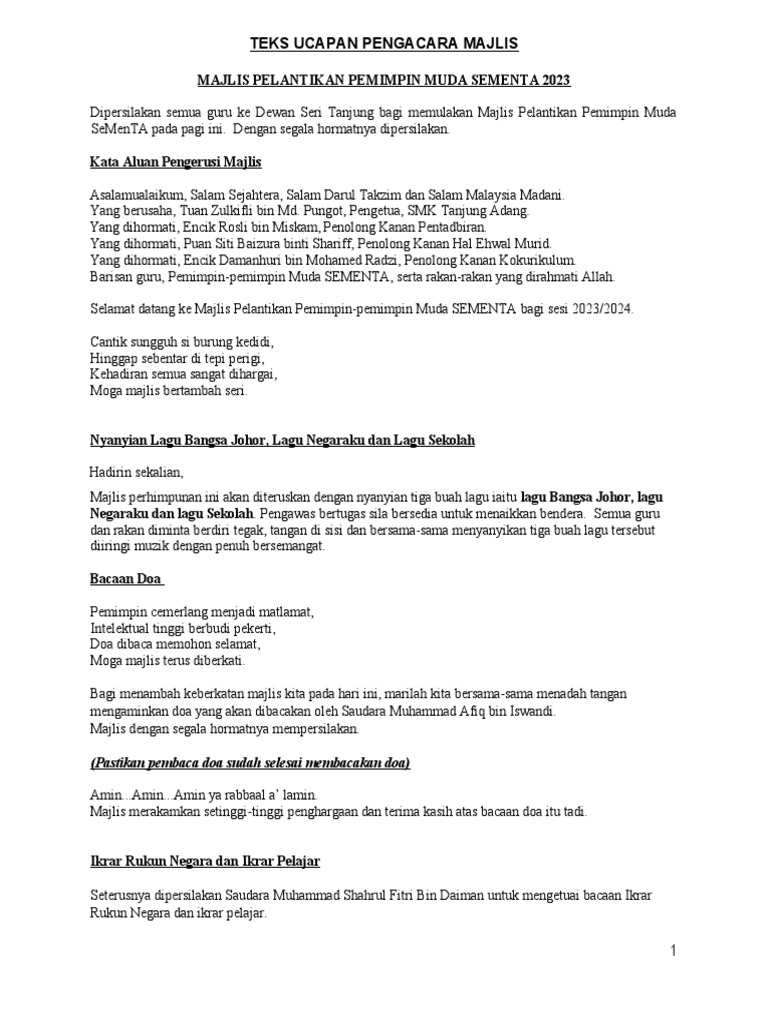 Teks Juruacara Pelantikan Pemimpin Muda 2023 | PDF
