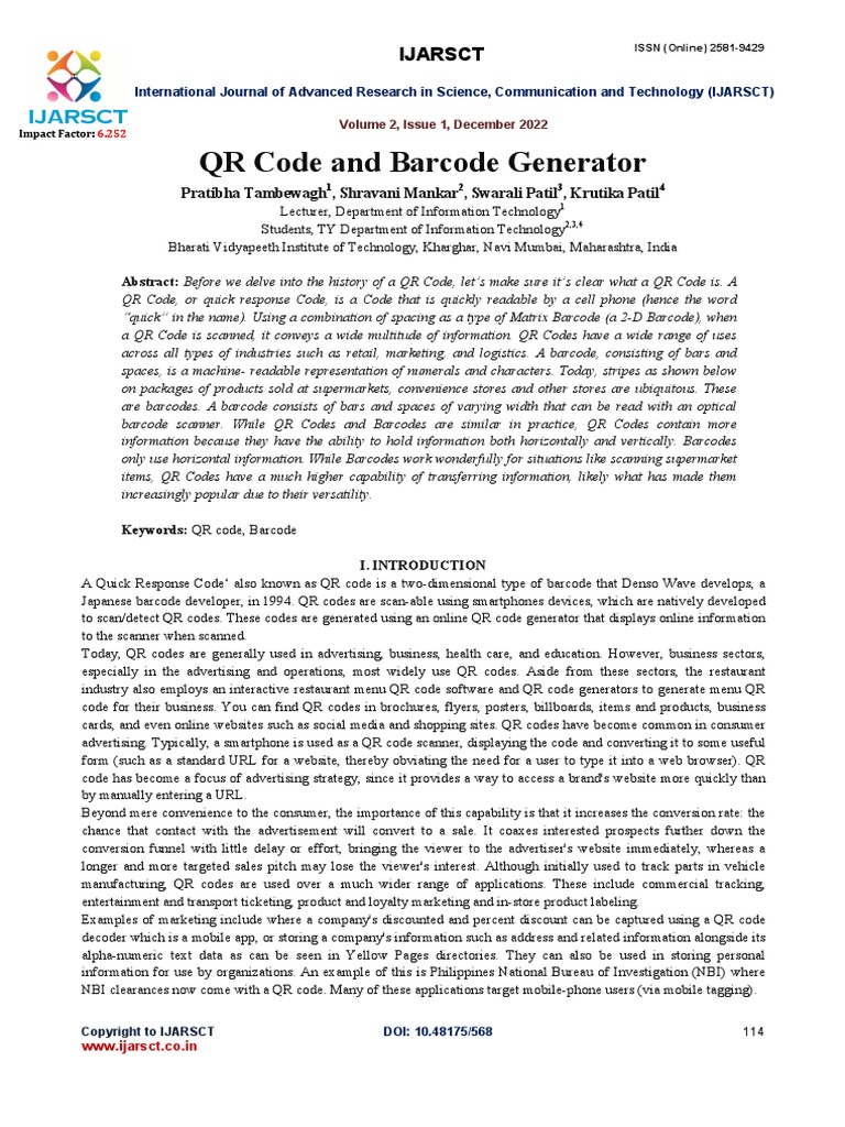 QR Code and Barcode Generator: Ijarsct | PDF