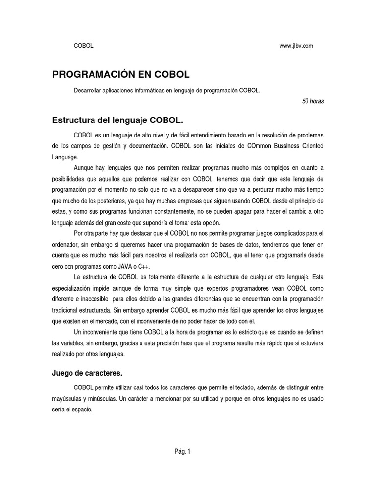 Programación en Cobol: Estructura Del Lenguaje COBOL | PDF | Lenguaje ...