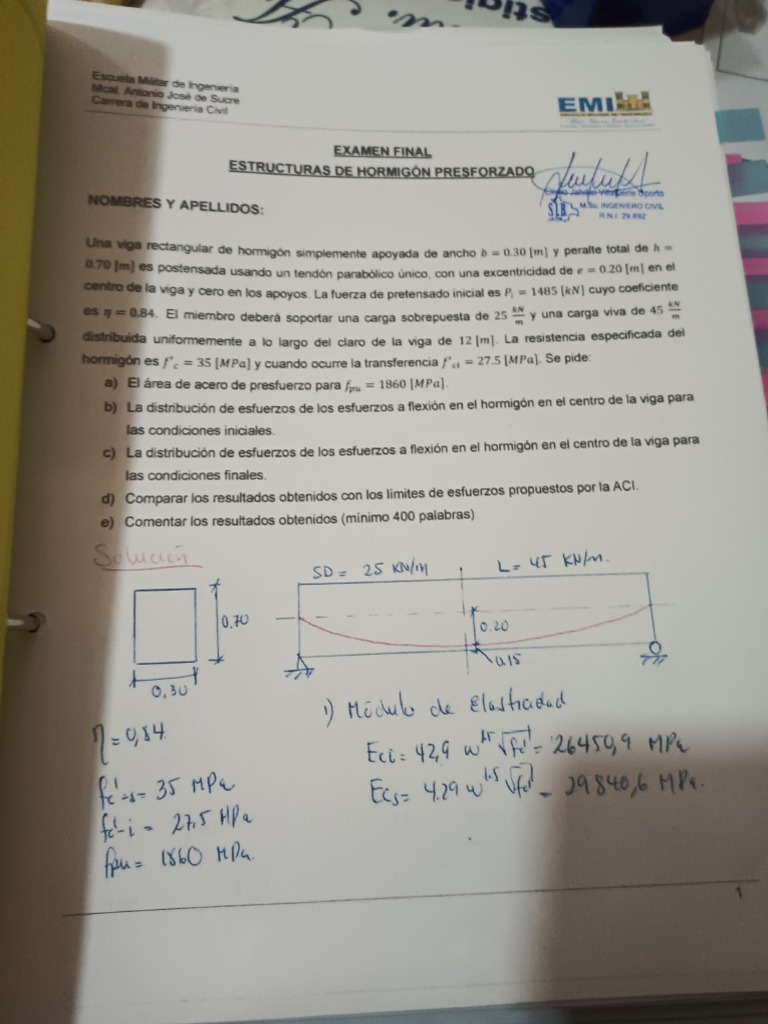 Examen Final Hormigon Presforzado | PDF | Materiales de construcción | Ingeniería estructural
