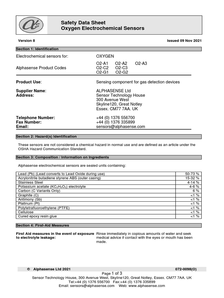Safety Data Sheet Oxygen Electrochemical Sensors: Product Use: Supplier ...