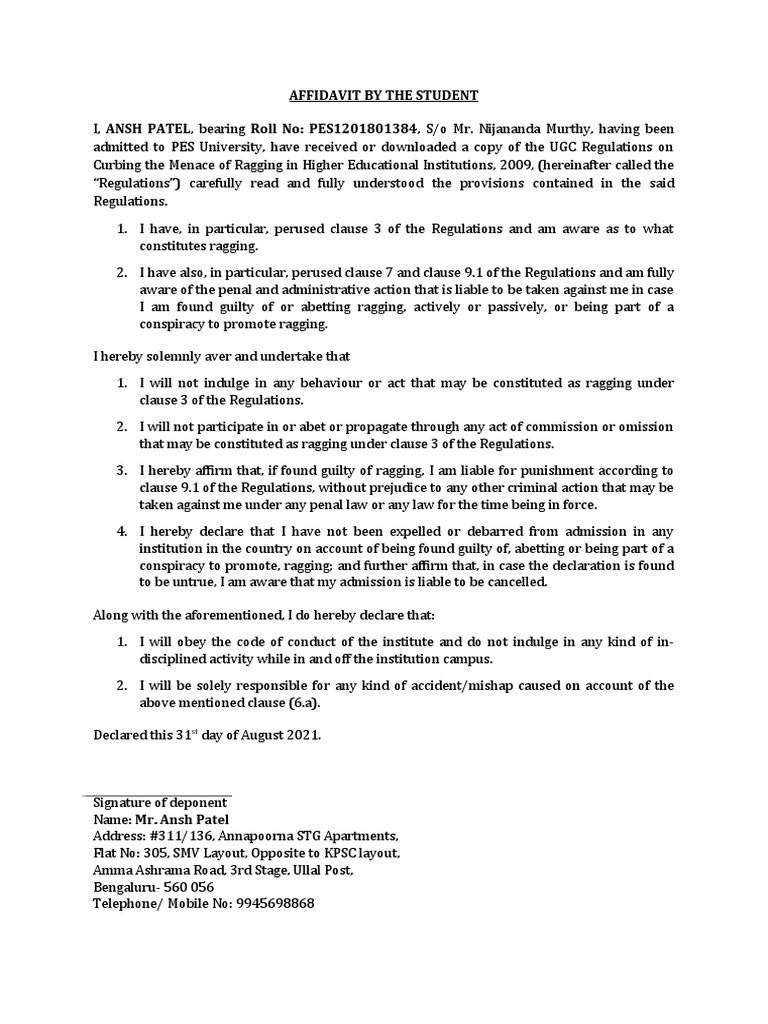 Anti-Ragging Affidavit for Students | PDF | Affidavit | Justice