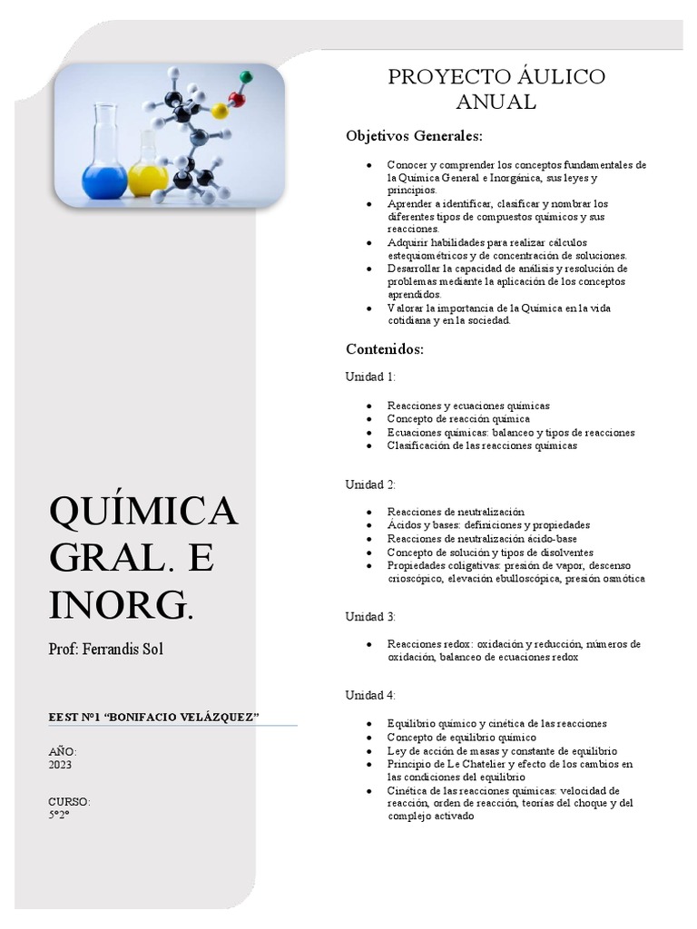 Proyecto Áulico Anual Qca Gral e Inorg 5°2° - 2023 | PDF | Química | Equilibrio químico