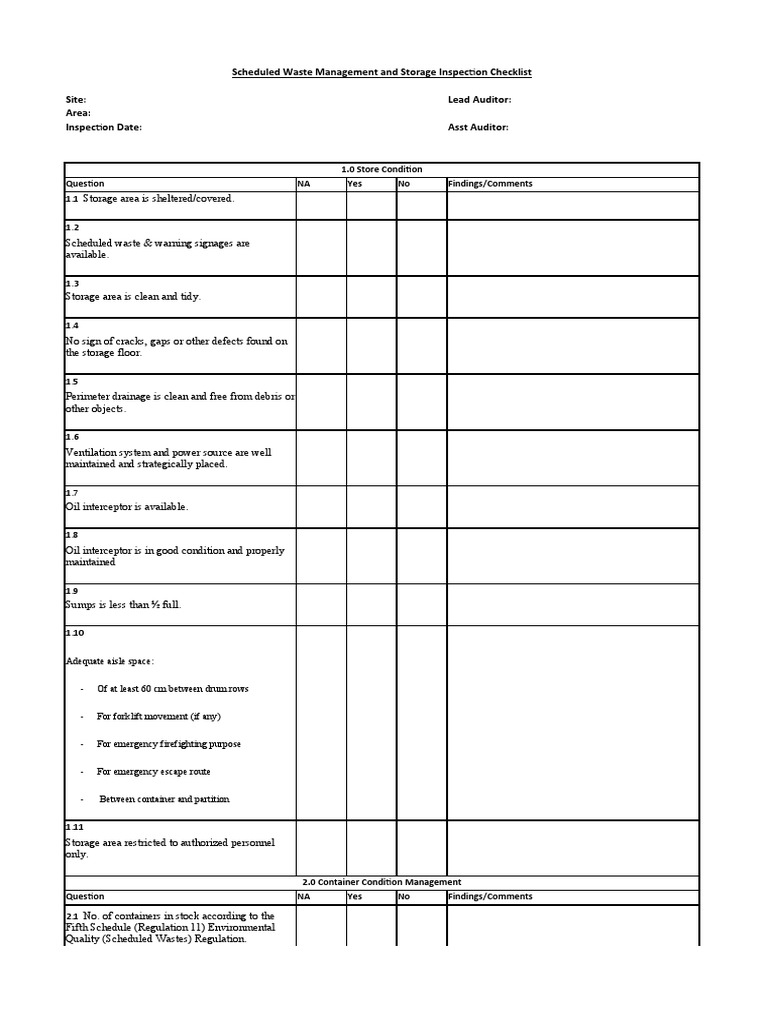 Scheduled Waste Management and Storage Inspection Checklist | PDF