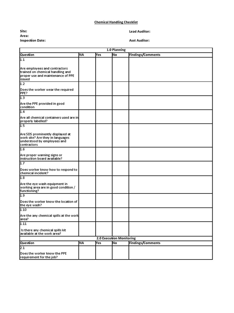 Chemical Handling Checklist | PDF | Personal Protective Equipment | Stairs