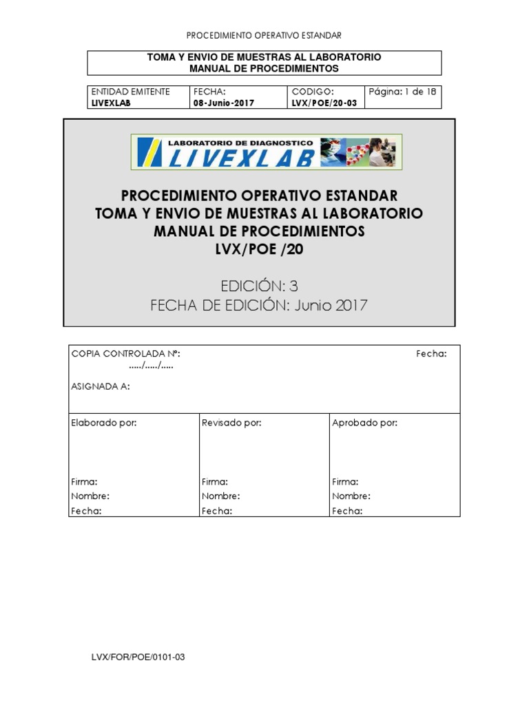 Procedimiento Operativo Estandar Toma Y Envio de Muestras Al Laboratorio Manual de ...