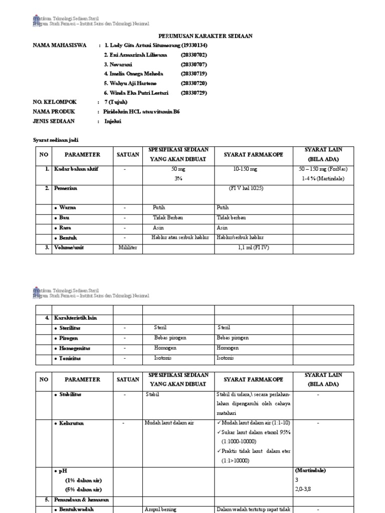 Formulasi Injeksi Piridoksin HCl | PDF