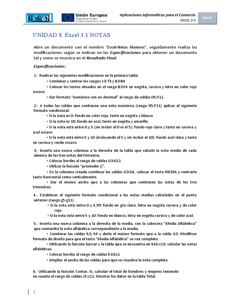 Excel Ejercicio 3.1. Notas | PDF | Microsoft Excel | Ajedrez