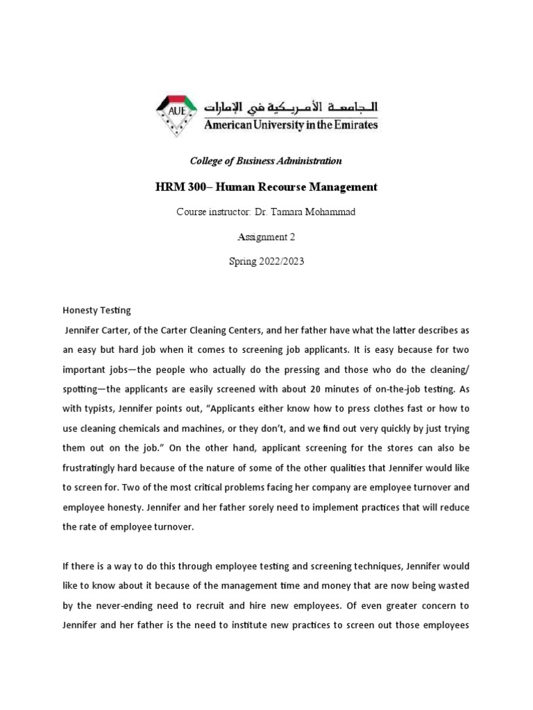 HRM 300 - Human Recourse Management: College of Business Administration ...