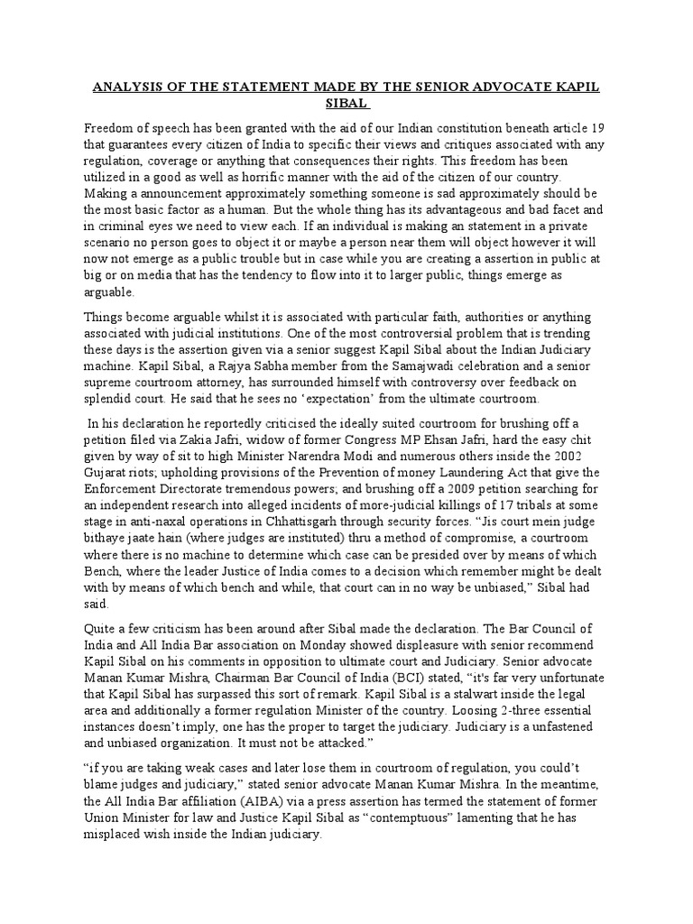 Analysis of The Statement Made by The Senior Advocate Kapil Sibal | PDF ...