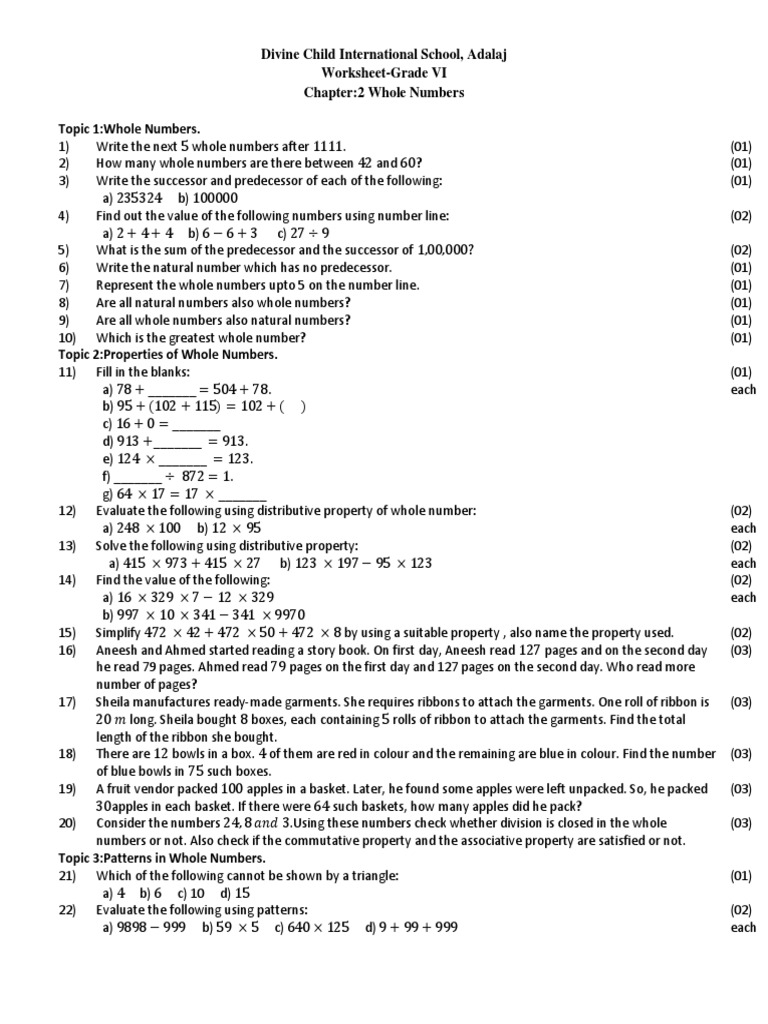 Divine Child International School, Adalaj Worksheet-Grade VI Chapter:2 Whole Numbers Topic 1 ...