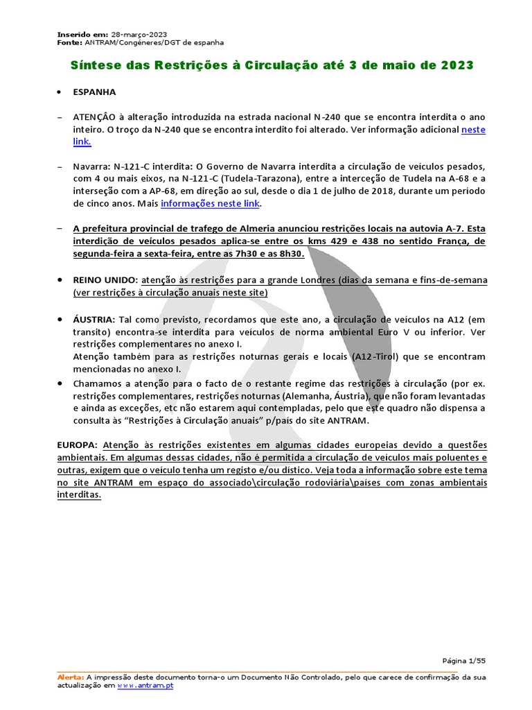 Restrições de Circulação para Pesados 2023 | PDF | Rodovia de acesso ...