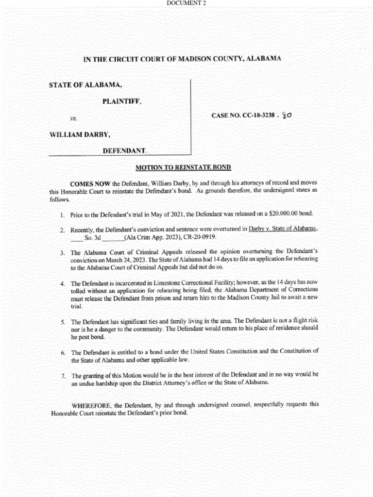 William Darby Motion To Reinstate Bond Pdf