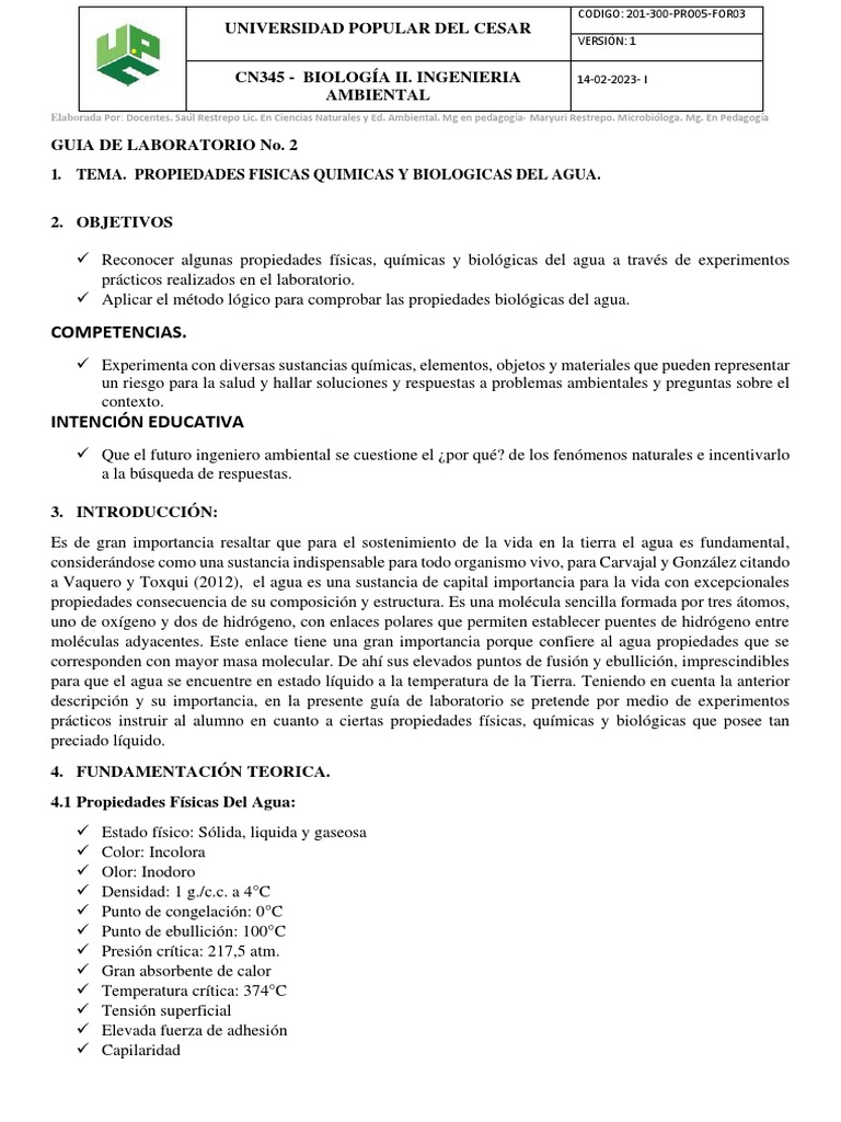 Guia N2 Propiedades Fisicas y Quimicas Del Agua Ing Ambiental | PDF | Agua | Propiedades del agua