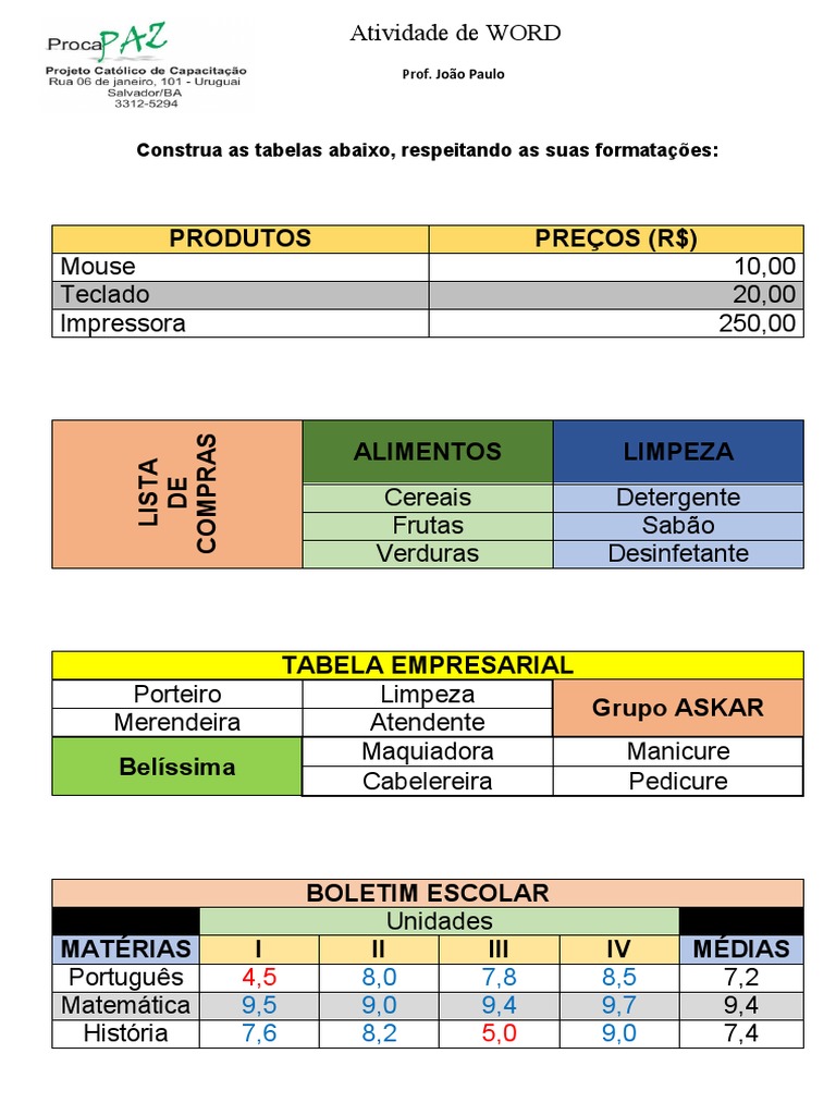 Atividade De Word Tabelas Pdf