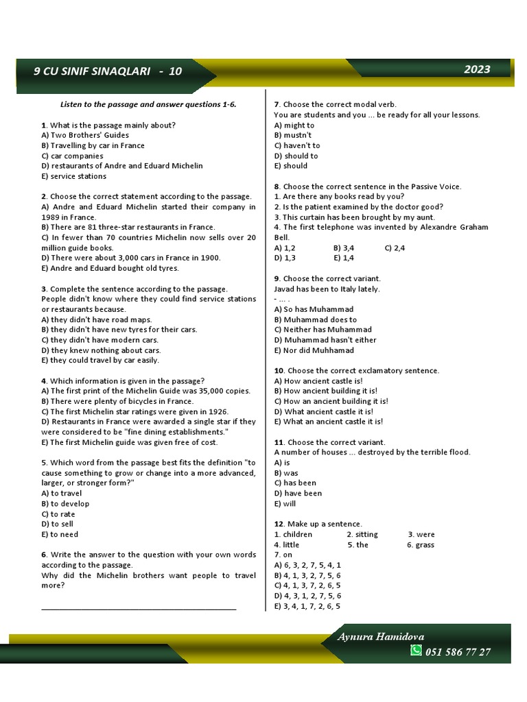9 Cu Sinif Sinaqlari - 10 2023: Listen To The Passage and Answer Questions 1-6 | PDF