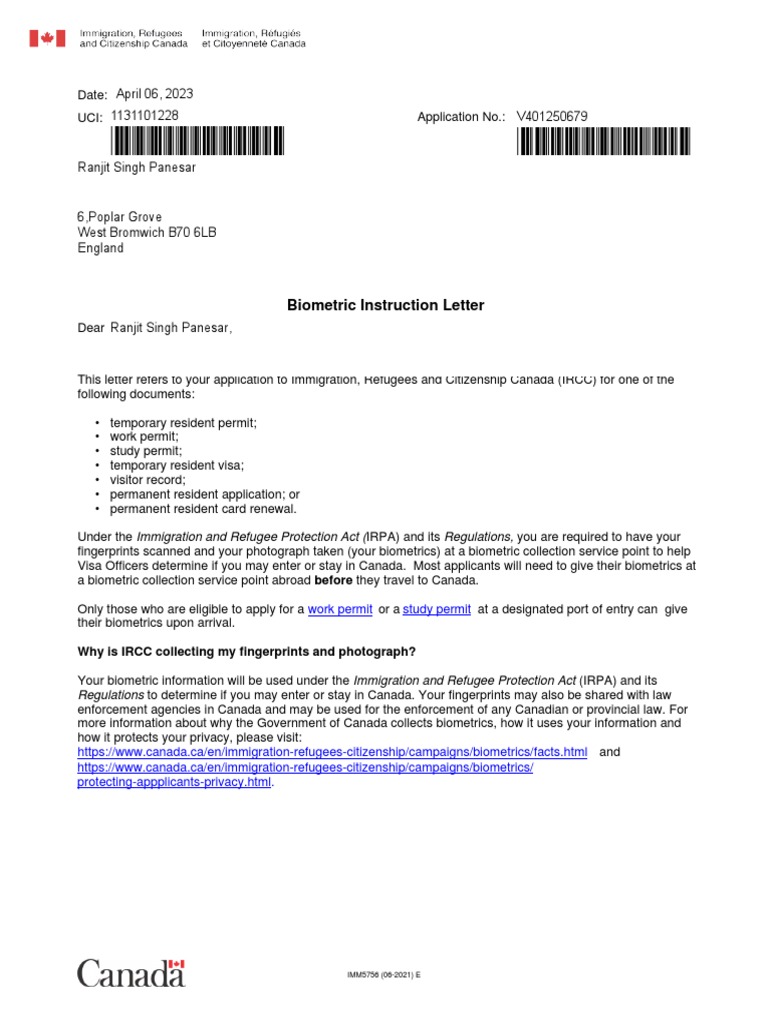 Biometric Instruction Letter: Study Permit Work Permit | PDF ...