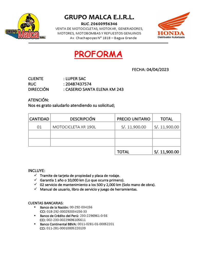 PROFORMA XR 190L - LUPER SAC | PDF | Motocicleta | Tecnología de vehículos