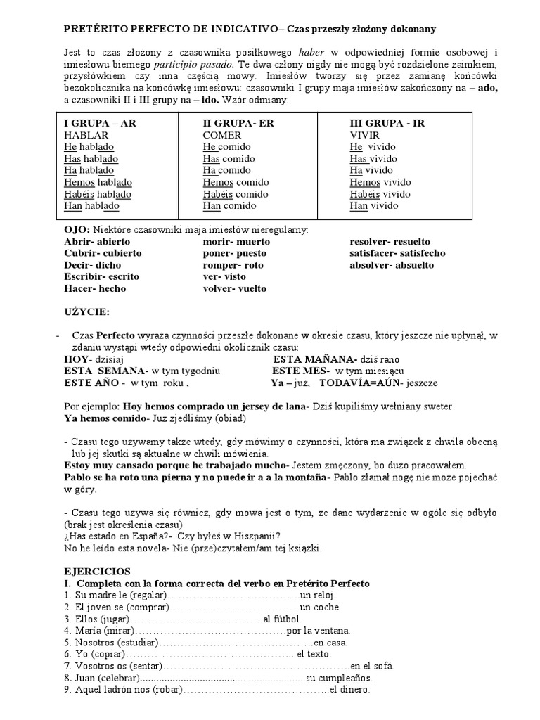 Pretérito Perfecto de Indicativo | PDF