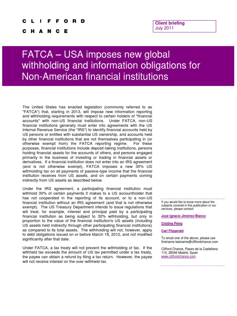 Client Briefing Fatca Usa Imposes New Global Withholding and ...