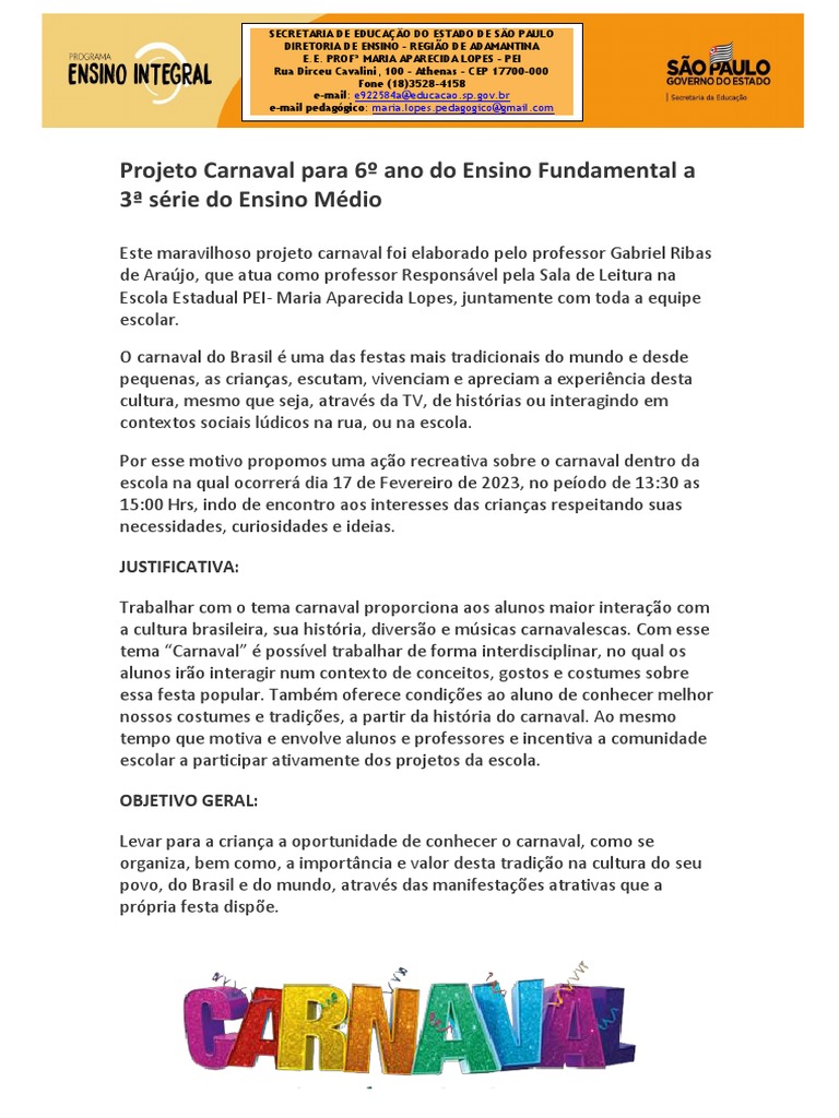 Projeto de Carnaval | PDF | Carnaval | Pedagogia