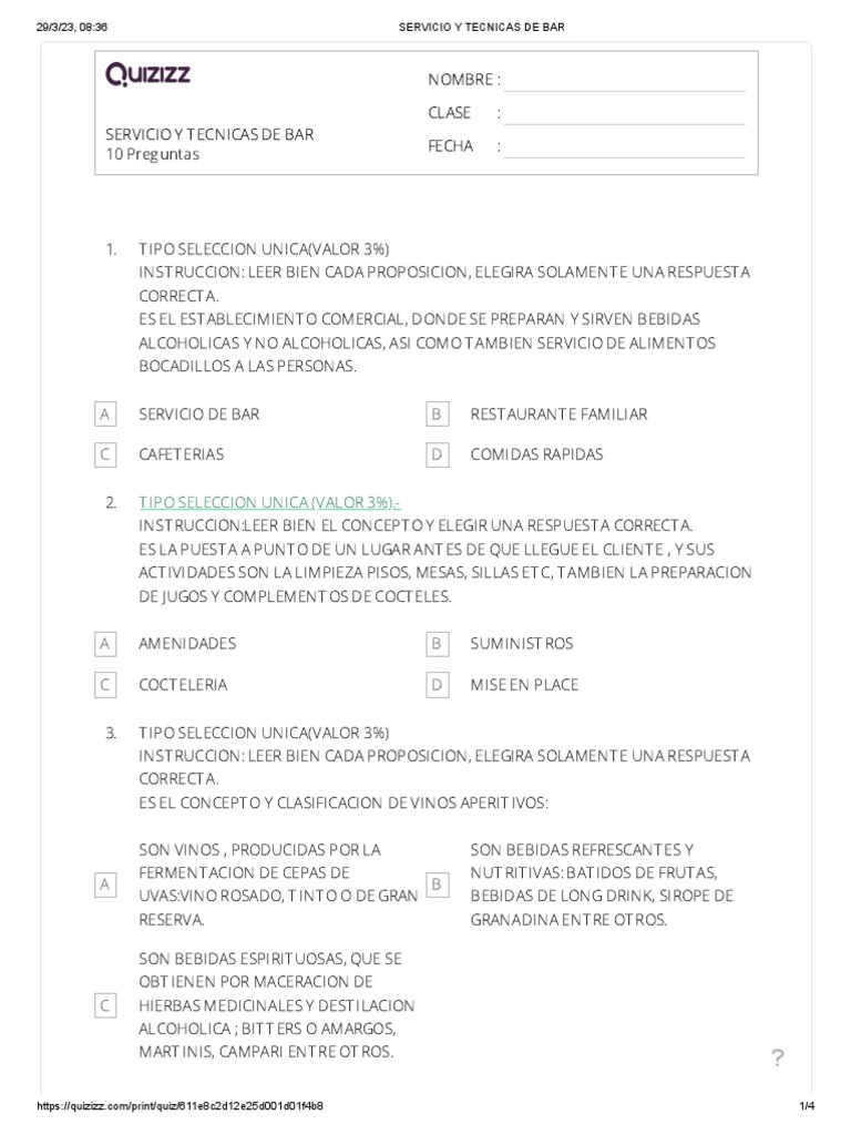 Servicio y Tecnicas de Bar Quiz | PDF | Bebidas alcohólicas | Uva