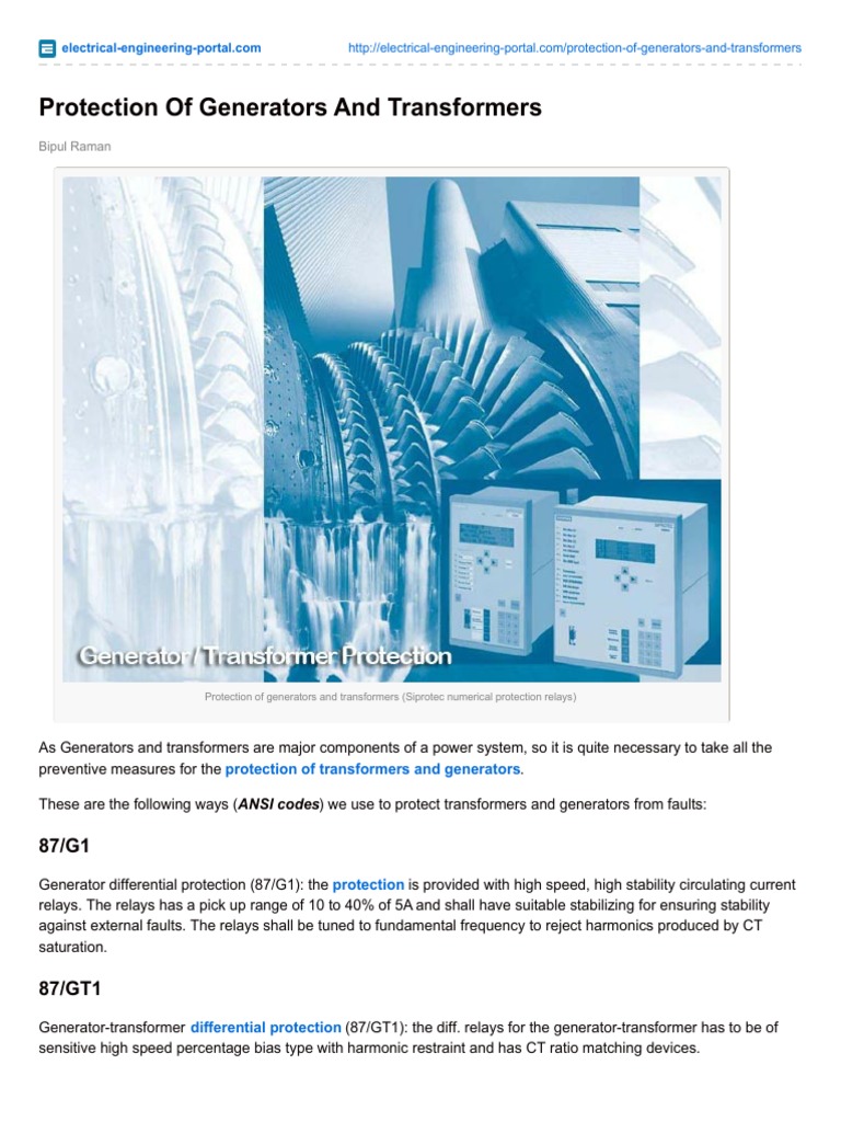 Generator and Transformer Protection Methods | PDF | Relay | Transformer