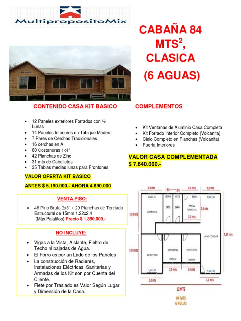 Descripción y detalles de kit básico para construcción de cabaña clásica de 84 m2 | PDF