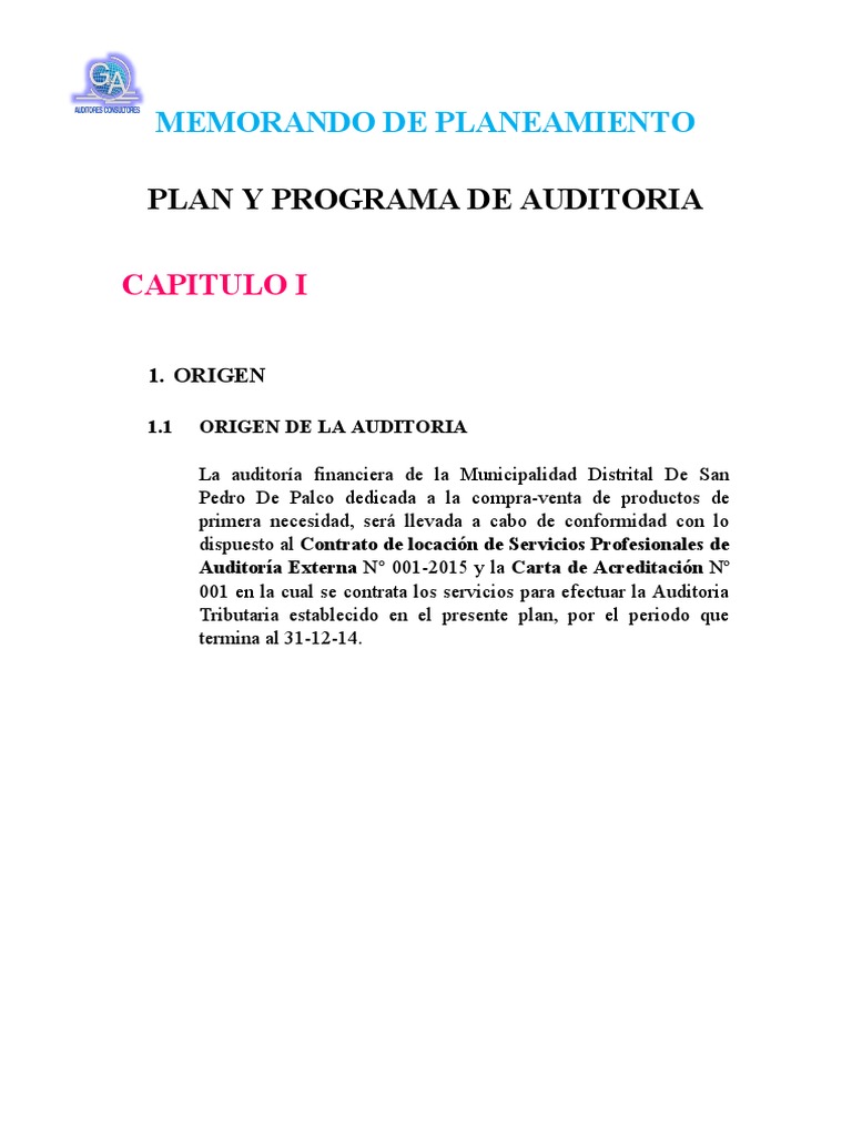 Plan Y Programa de Auditoria | PDF | Auditoría | Contabilidad