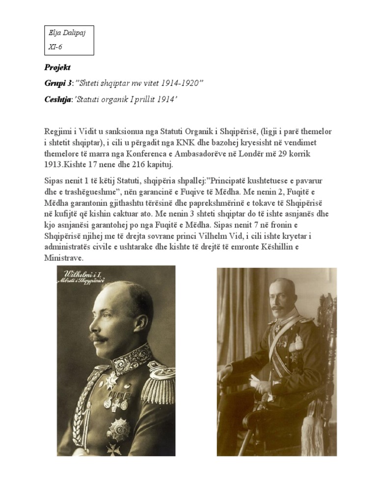 Projekt Grupi 3:"shteti Shqiptar NW Vitet 1914-1920" Ceshtja:'Statuti ...