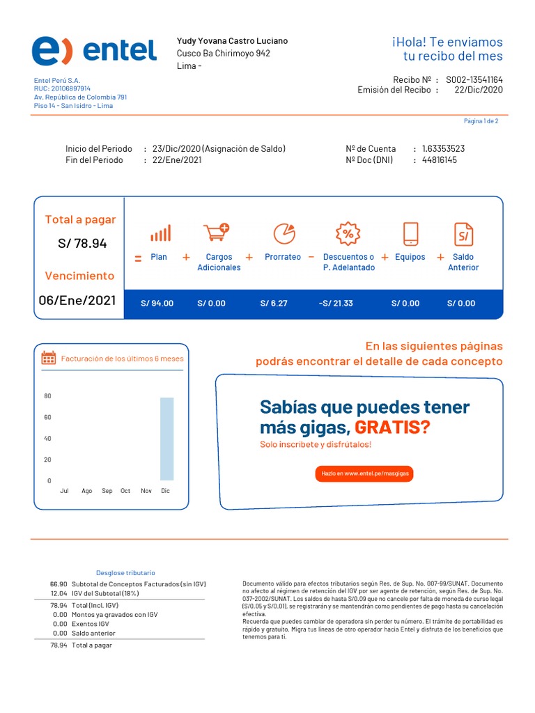 Recibo de Internet Entel | PDF | Telefonía móvil | Teléfonos móviles