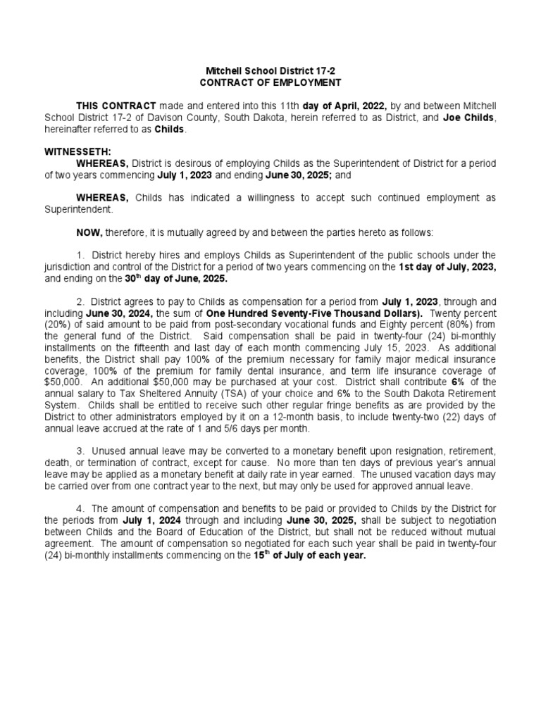 Joe Childs' Superintendent Contract | PDF | Employment | Insurance