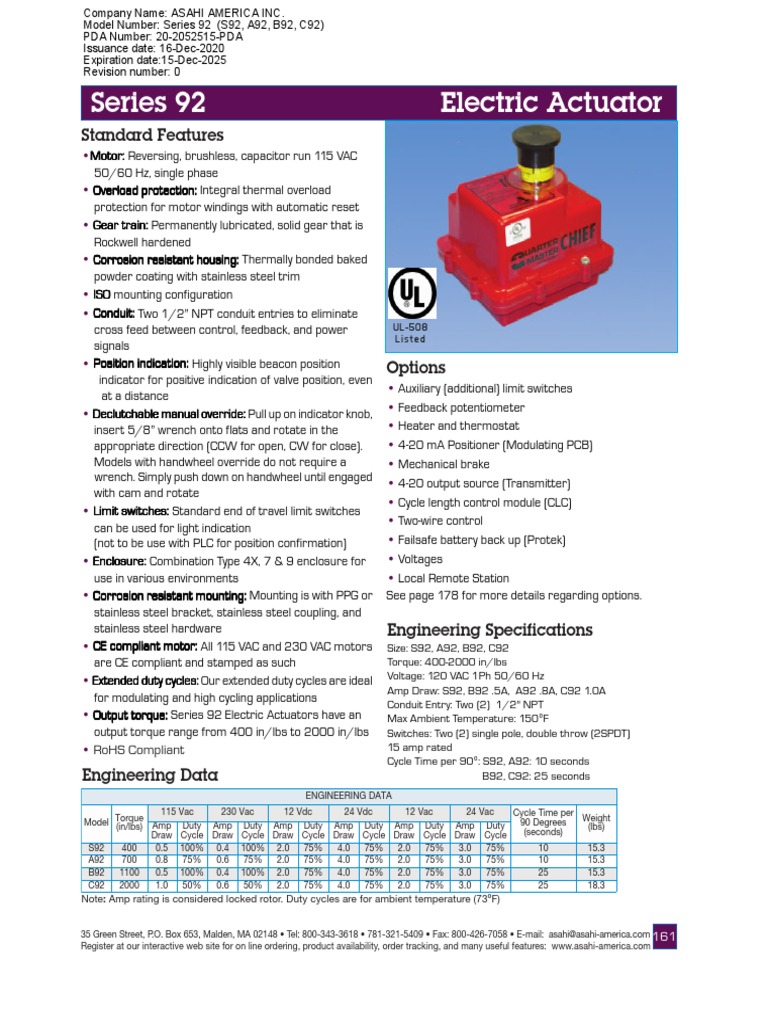 Series 92 Electric Actuator: Standard Features | PDF | Alternating ...