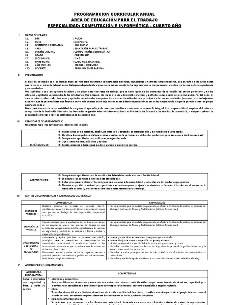Programa curricular anual para el área de Educación para el Trabajo, especialidad en Computación ...