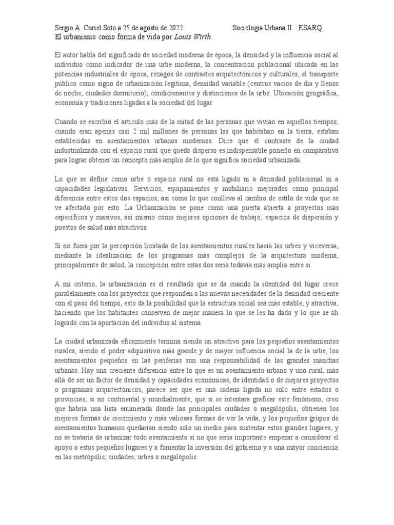 El Urbanismo Como Forma de Vida Por Louis Wirth | PDF | Área rural ...