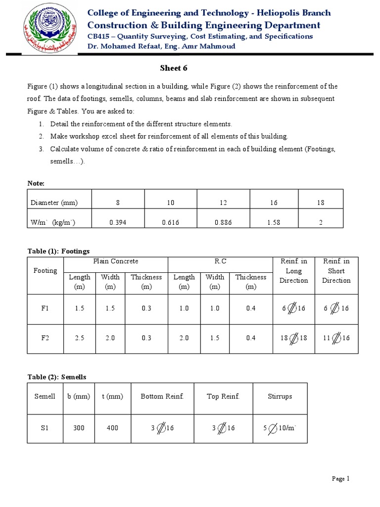 Construction & Building Engineering Department: Sheet 6 | PDF | Building Engineering ...