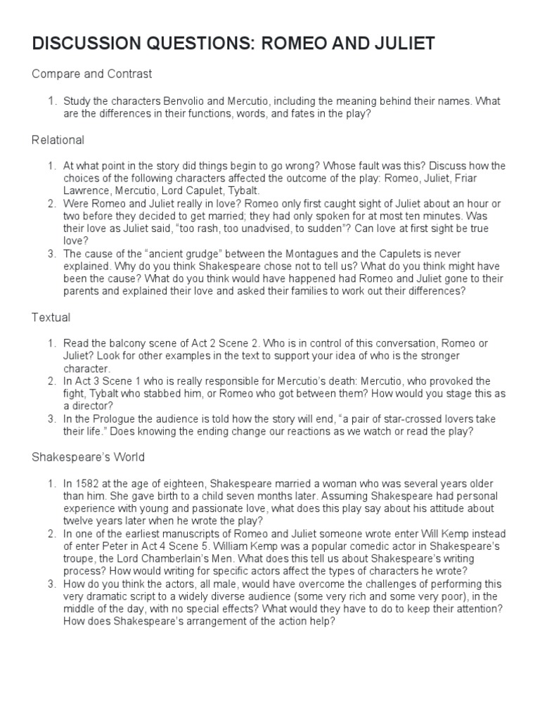 Discussion Questions for Romeo and Juliet | PDF | Romeo And Juliet ...