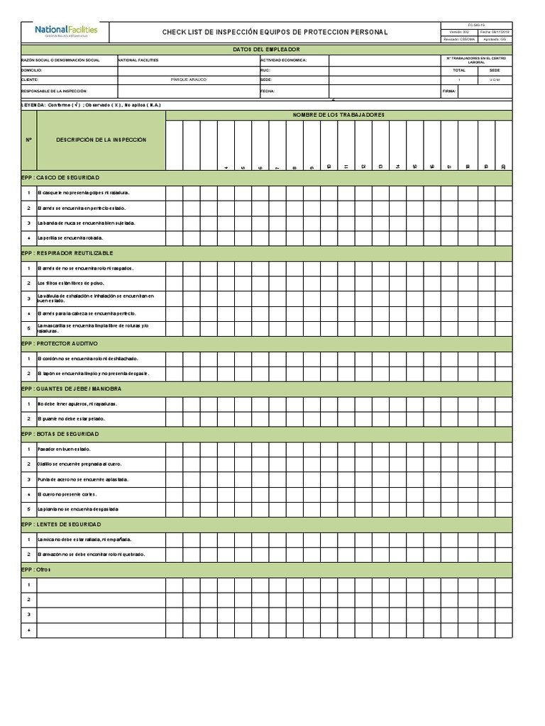 Formato Check List Inspección Equipos de Proteccion Persoonal Sttefano | PDF | Seguridad y salud ...