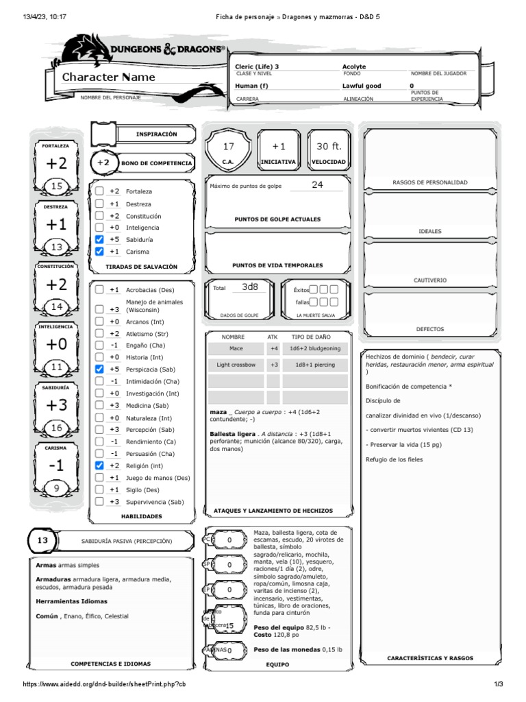 Ficha de Personaje Dragones y Mazmorras - D&D 5 | PDF