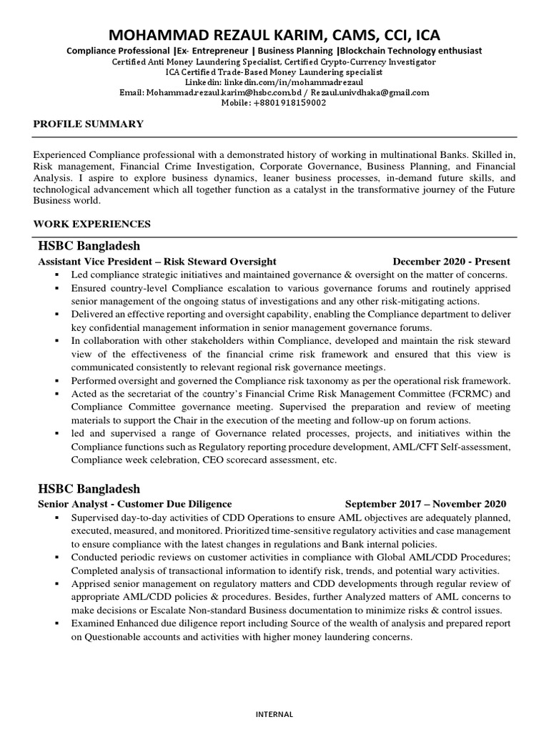Resume - Mohammad Rezaul Karim | PDF | Money Laundering | Regulatory Compliance
