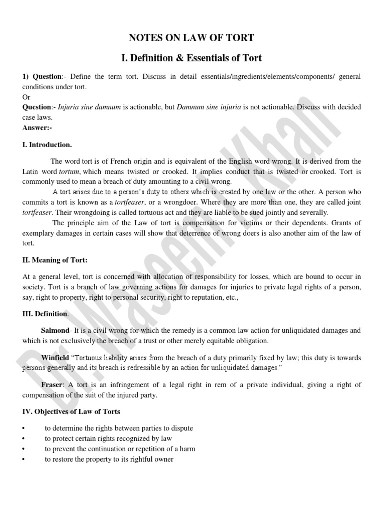 LAW OF TORT Notes | PDF | Negligence | Defamation