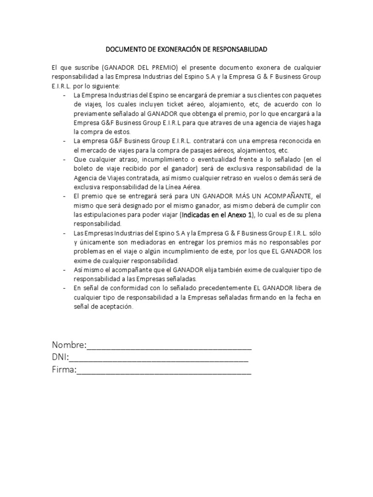 Documento de Exoneración de Responsabilidad | PDF