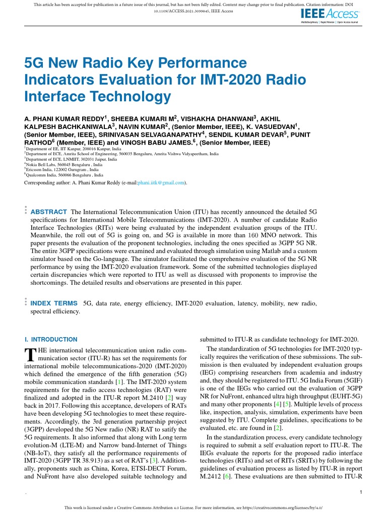 5G New Radio Key Performance Indicators Evaluation For IMT-2020 Radio Interface Technology | PDF ...