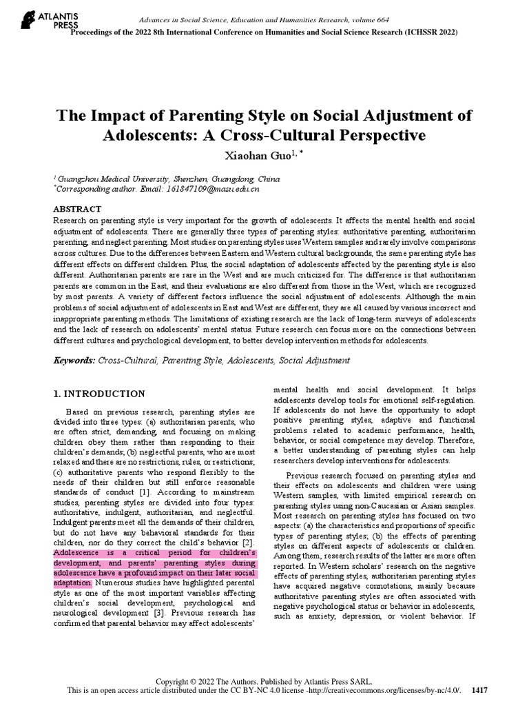 The Impact of Parenting Style On Social Adjustment of Adolescents: A Cross-Cultural Perspective ...