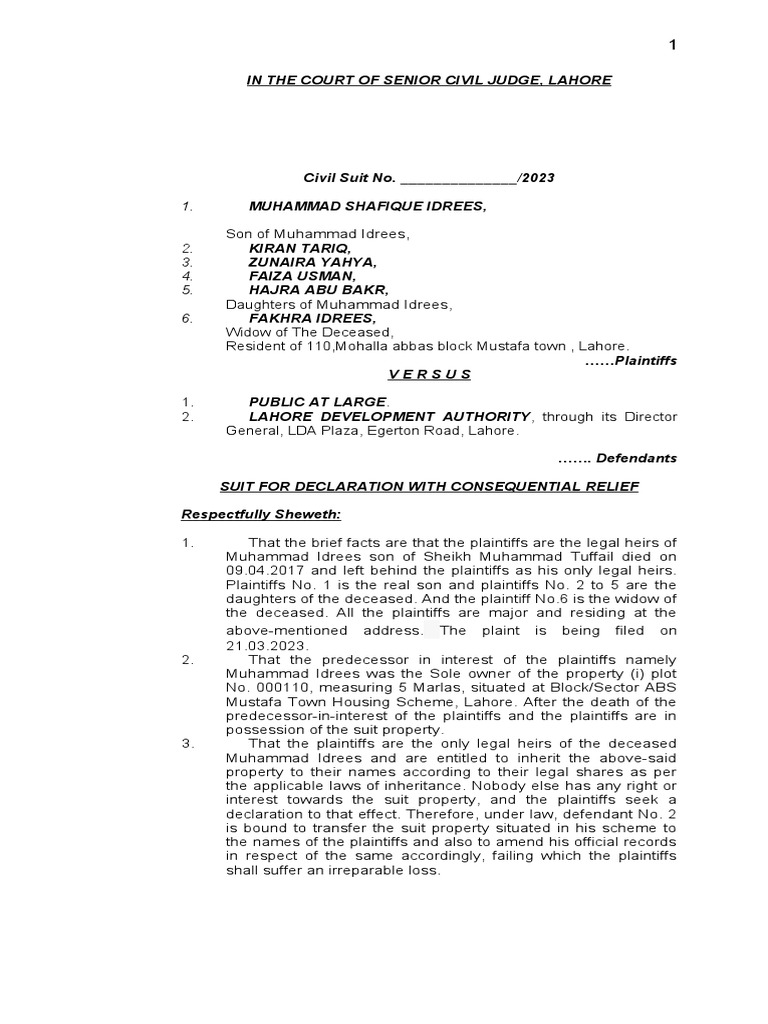 Legal Heirs Property Declaration Suit | PDF | Lawsuit | Inheritance