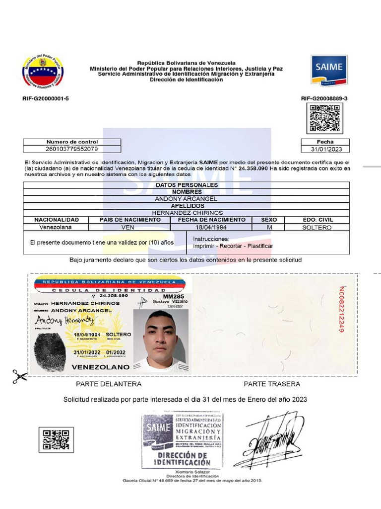 Saime - Cedula Andony Hernandez | PDF