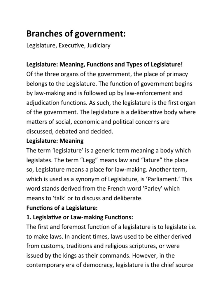 Branches of Government:: Legislature: Meaning, Functions and Types of ...